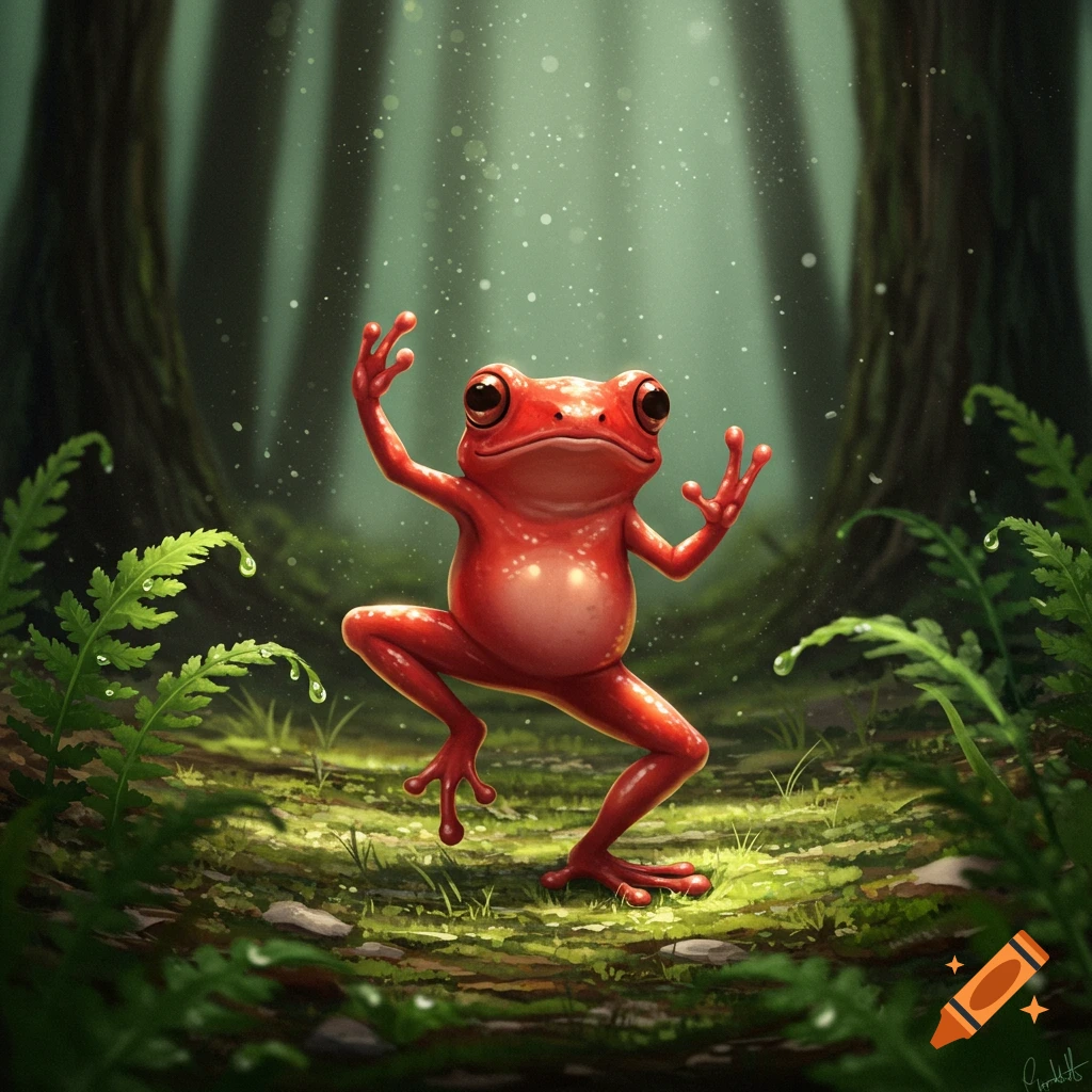 A vibrant red frog stands on a mossy forest floor, striking a martial ...