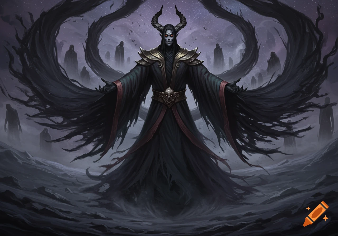 A dark fantasy scene with a horned, robed demon-like figure with red ...