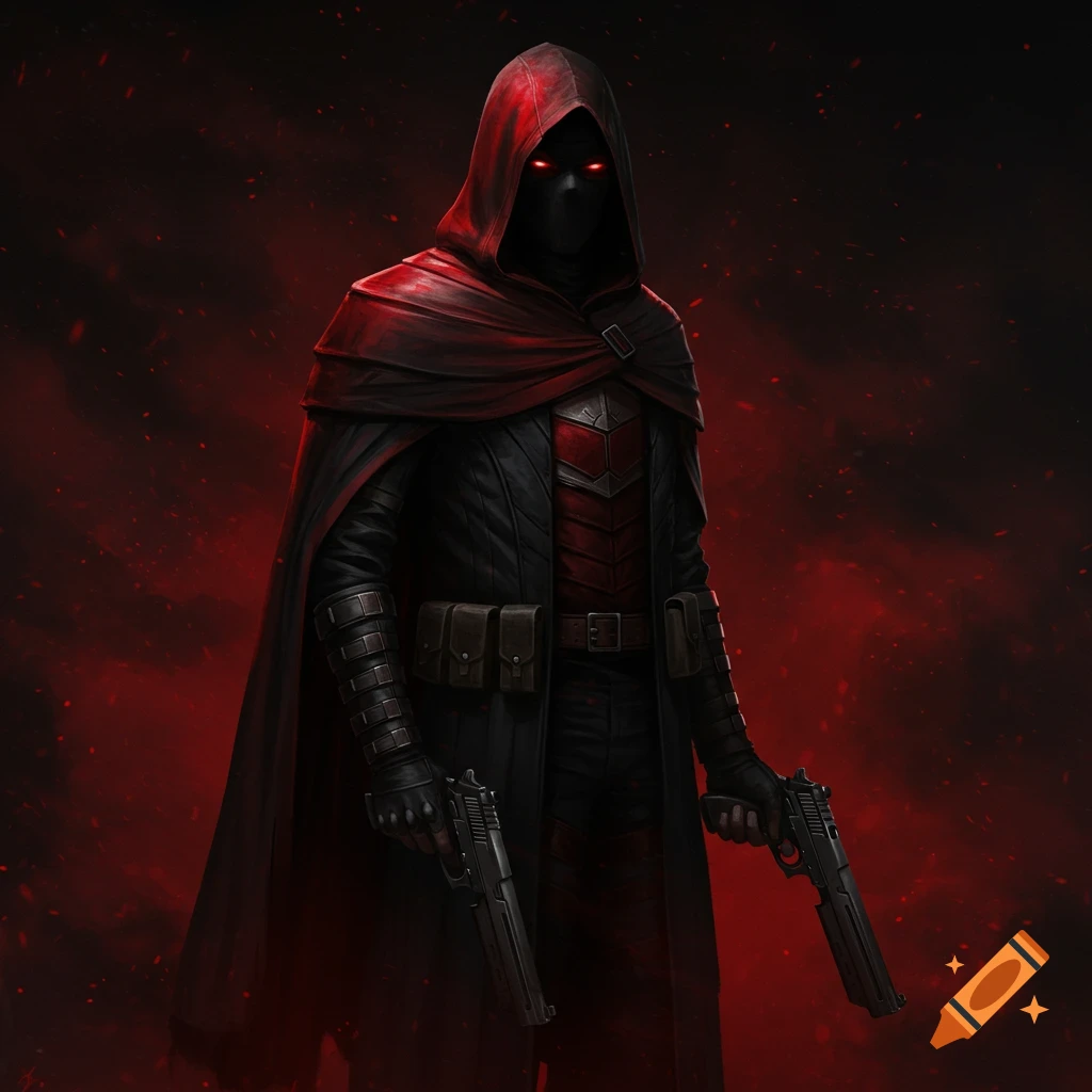 A menacing fantasy figure in a dark hooded cloak, with glowing red eyes ...