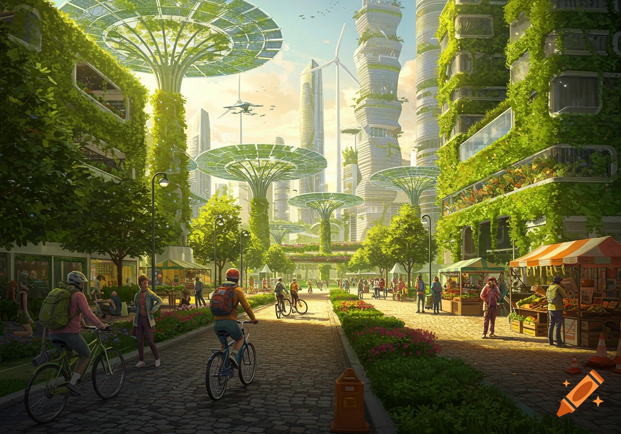 A vibrant solarpunk city street bustling with people and cyclists ...