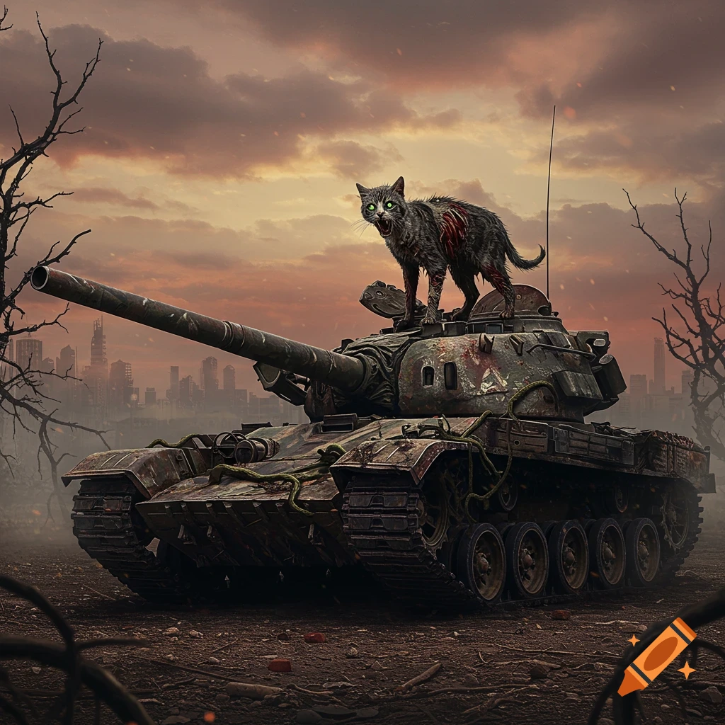 A photorealistic image of a military tank with a long barrel in a war ...