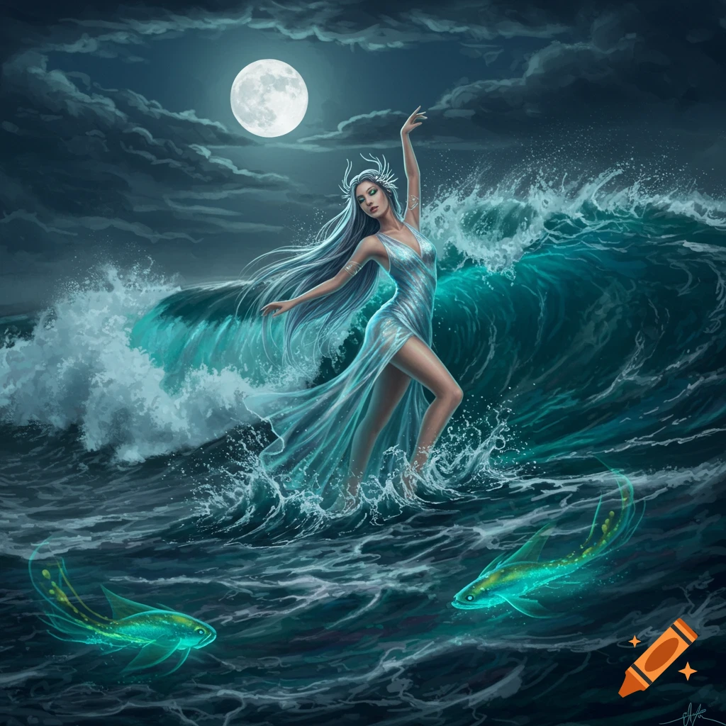 A mystical woman with tan skin, dark hair, and a shell on her ear ...