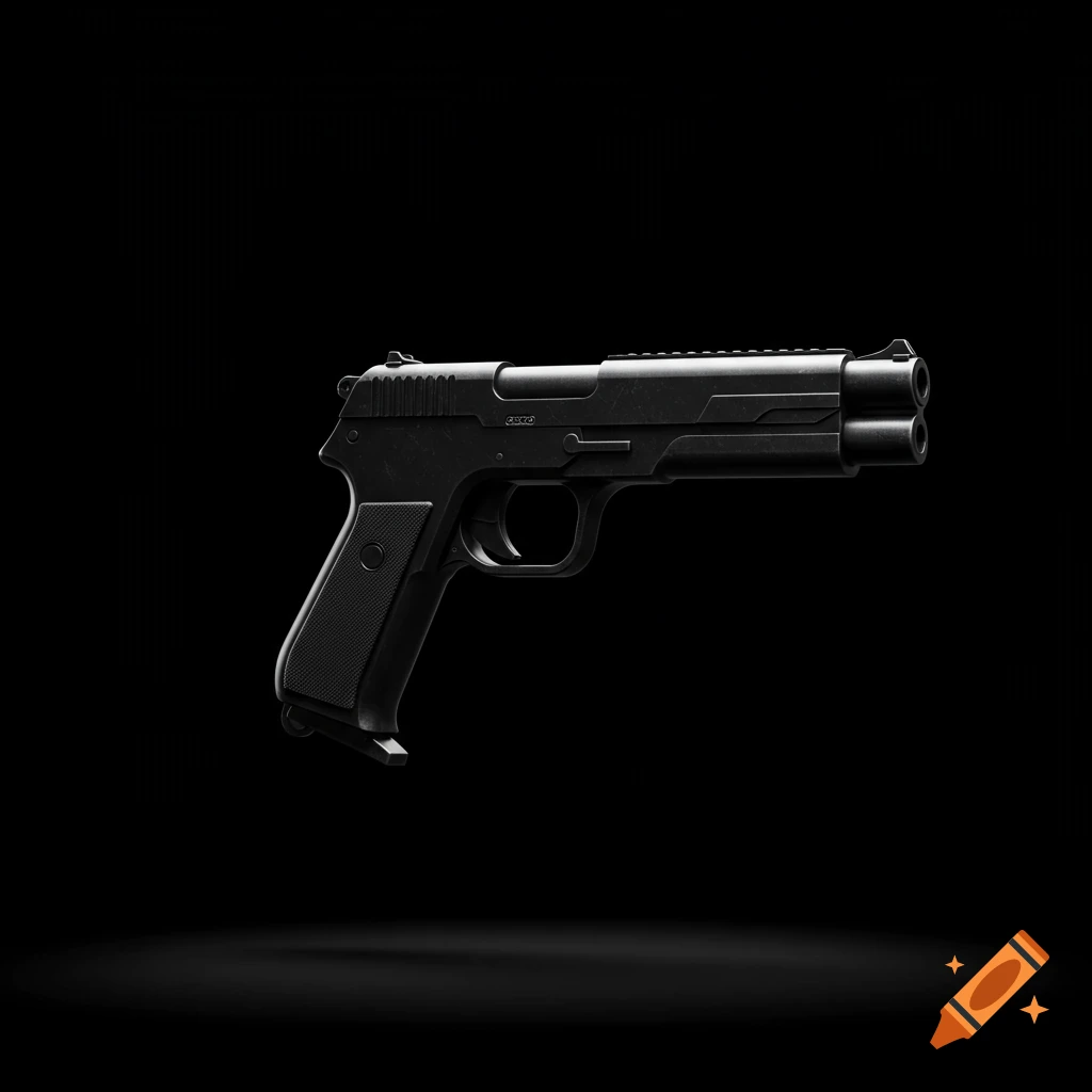 A sleek, full jet black blaster pistol with two barrels, rendered ...