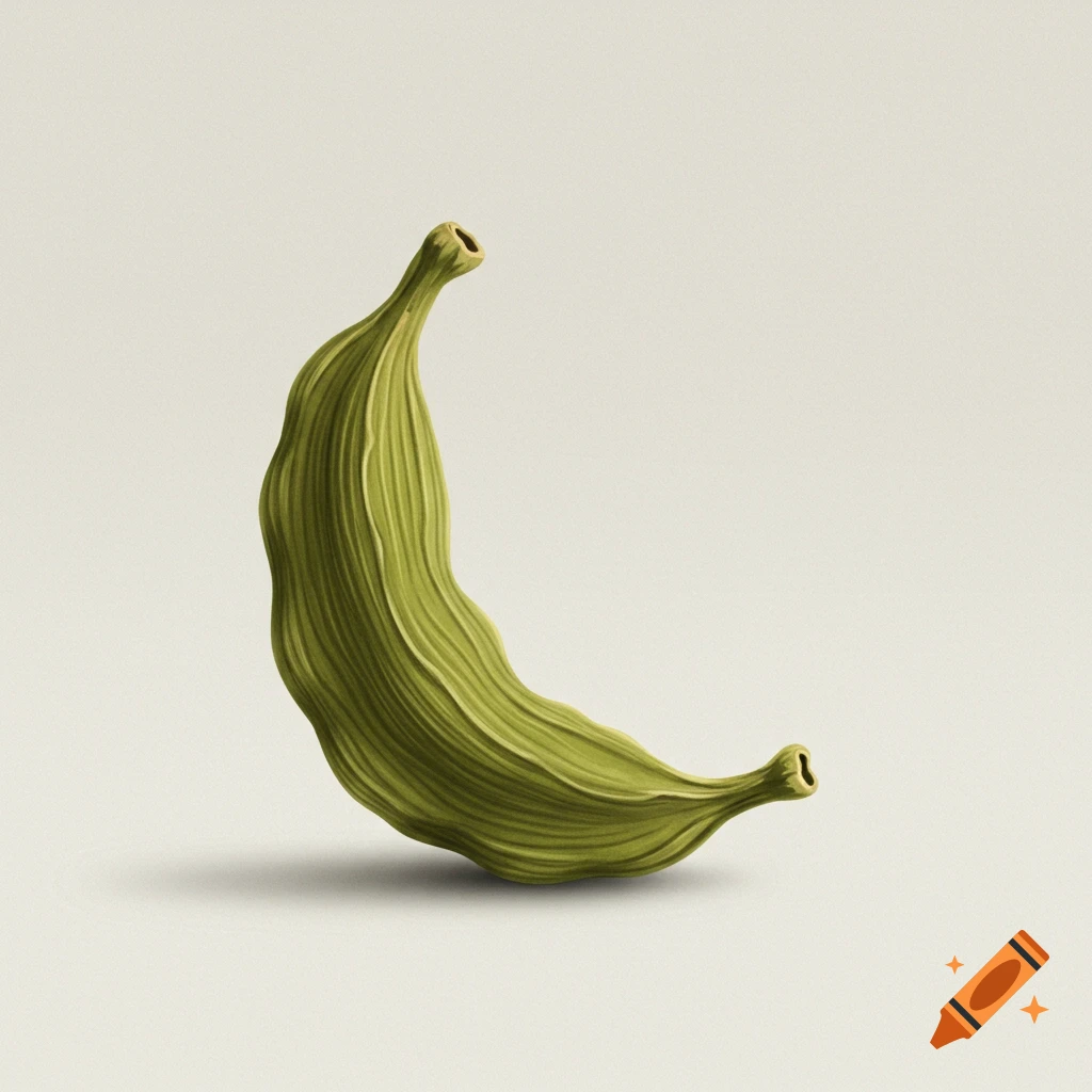 A green, stylized cardamom pod curved like a crescent moon, on a plain ...