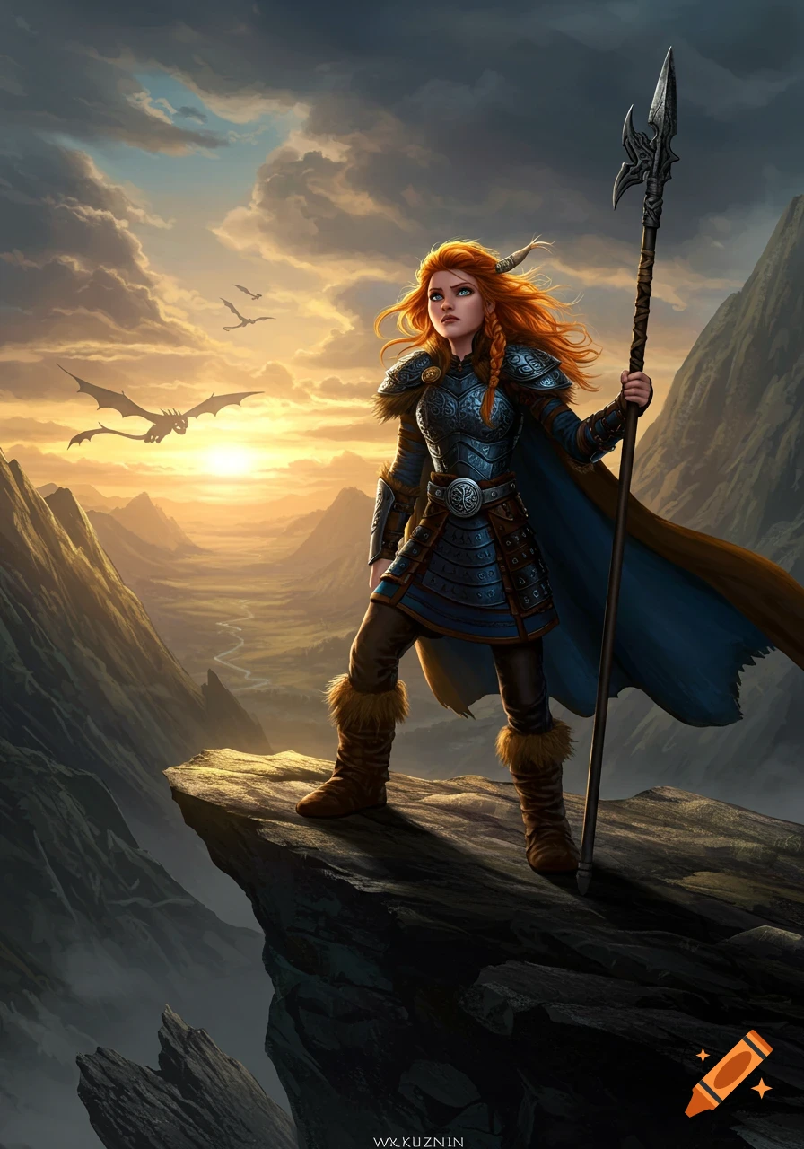 A red-haired woman in a blue cape and armor stands on a cliff ...