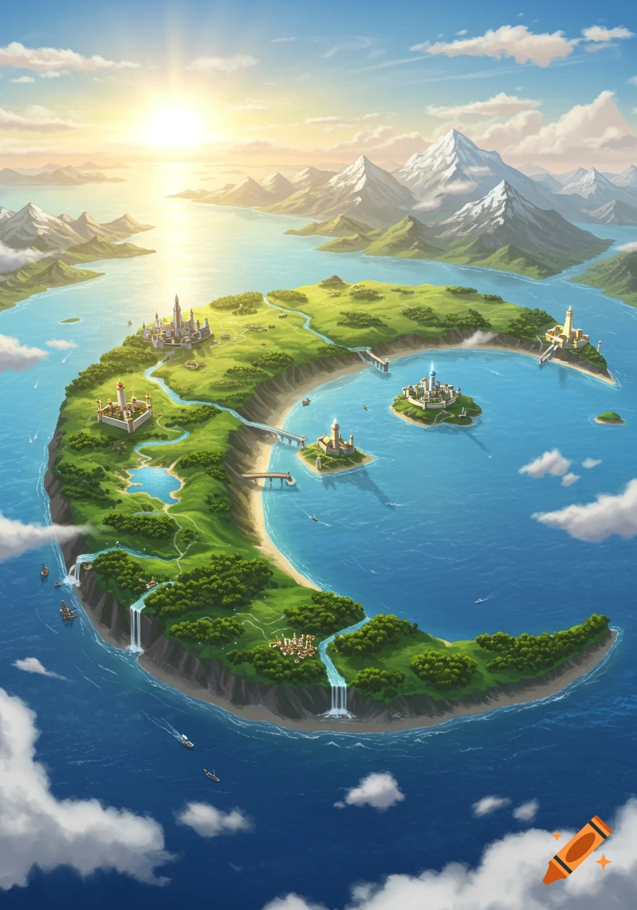 An aerial view of a detailed fantasy island archipelago featuring a ...