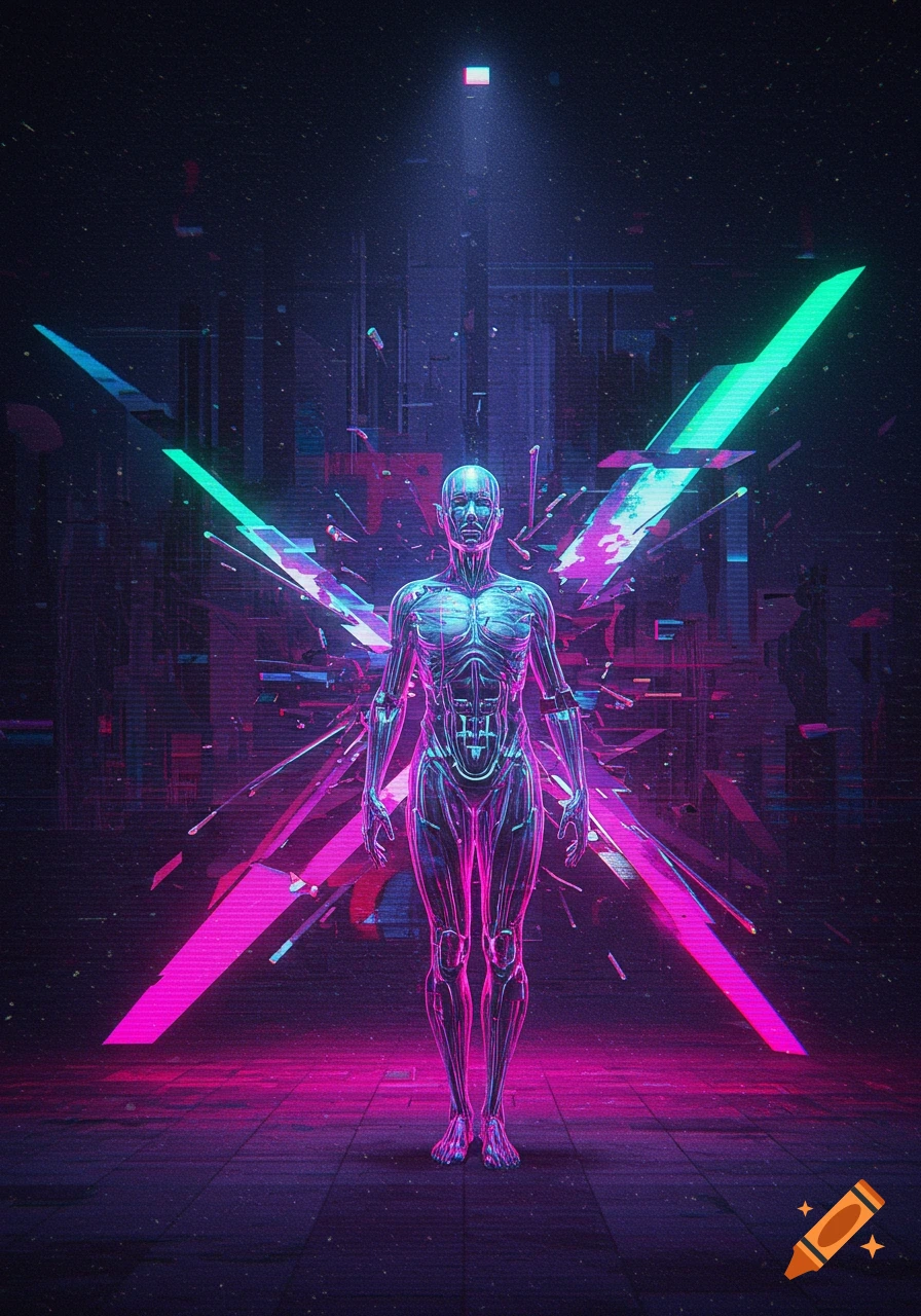 A pixel art Duolingo owl in a vibrant neon digital cityscape with ...