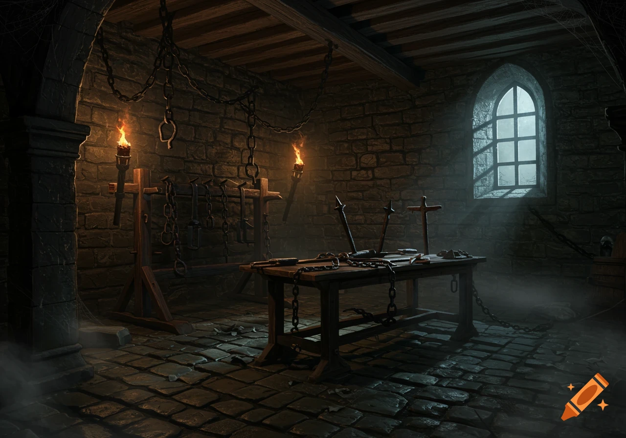A dark medieval dungeon with stone walls, chains, burning torches, a ...