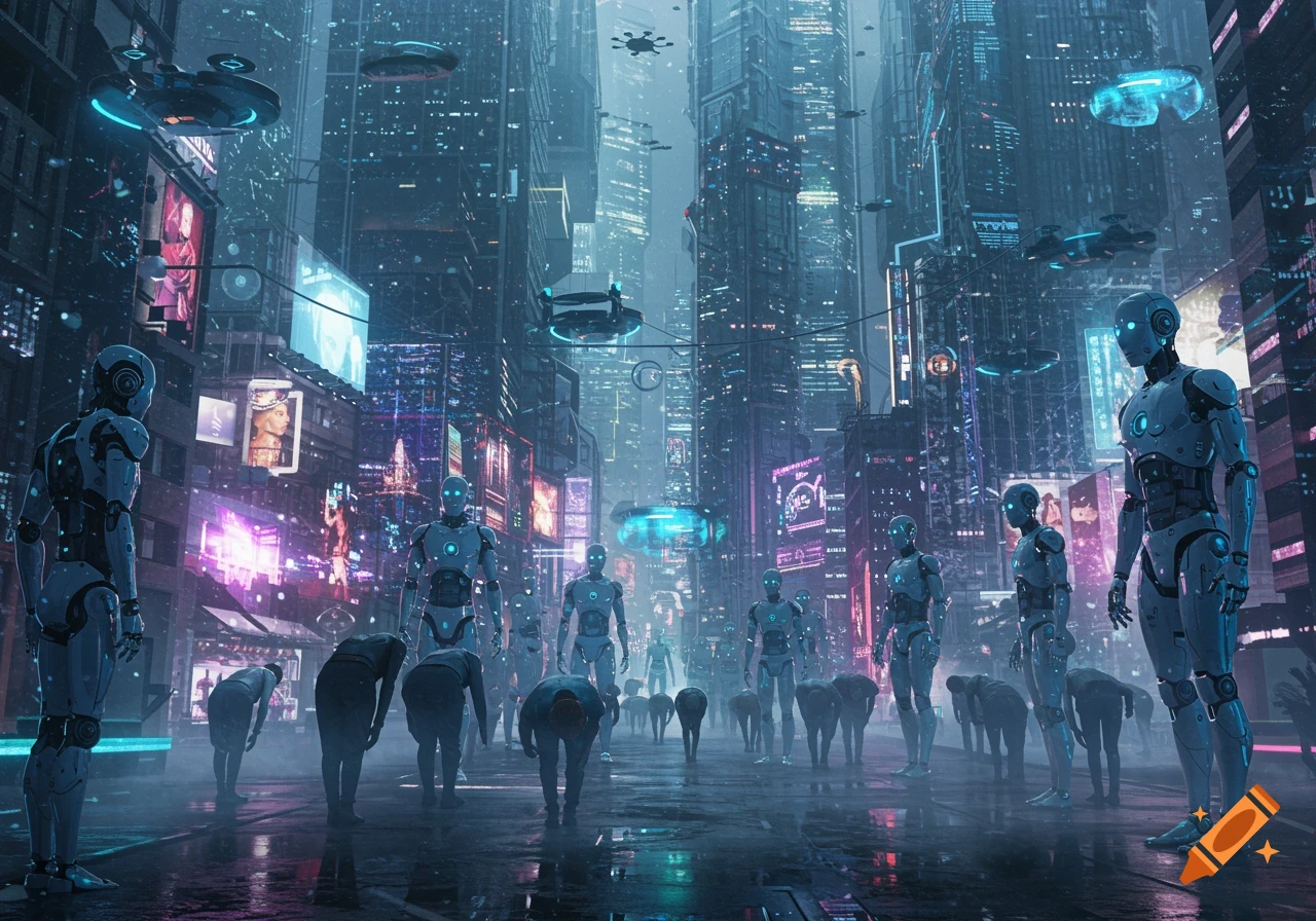 Robots and people observe a large screen displaying 'AI' in a ...