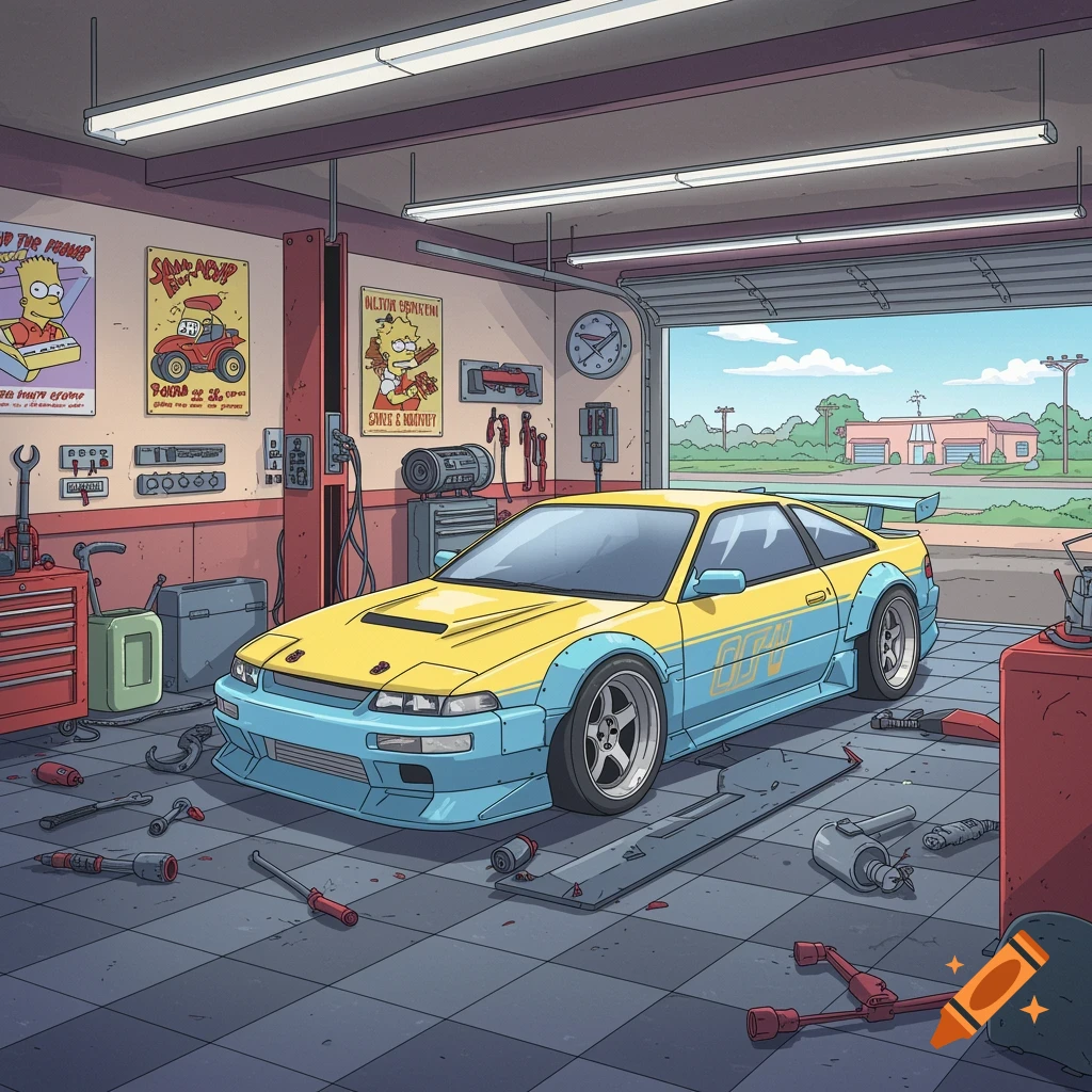A yellow and light blue JDM-style car inside a cartoon garage with ...