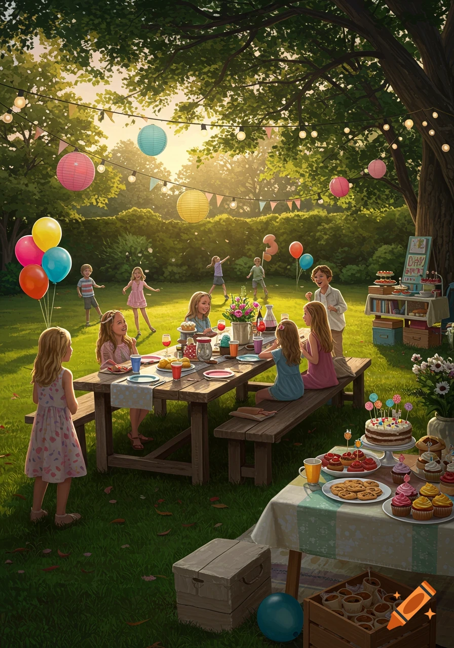 A vibrant outdoor birthday party scene with children playing and eating ...