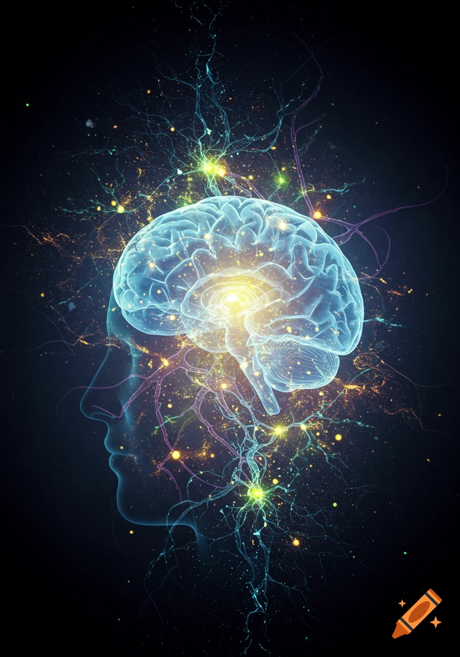 A glowing blue human brain is superimposed on a translucent head ...