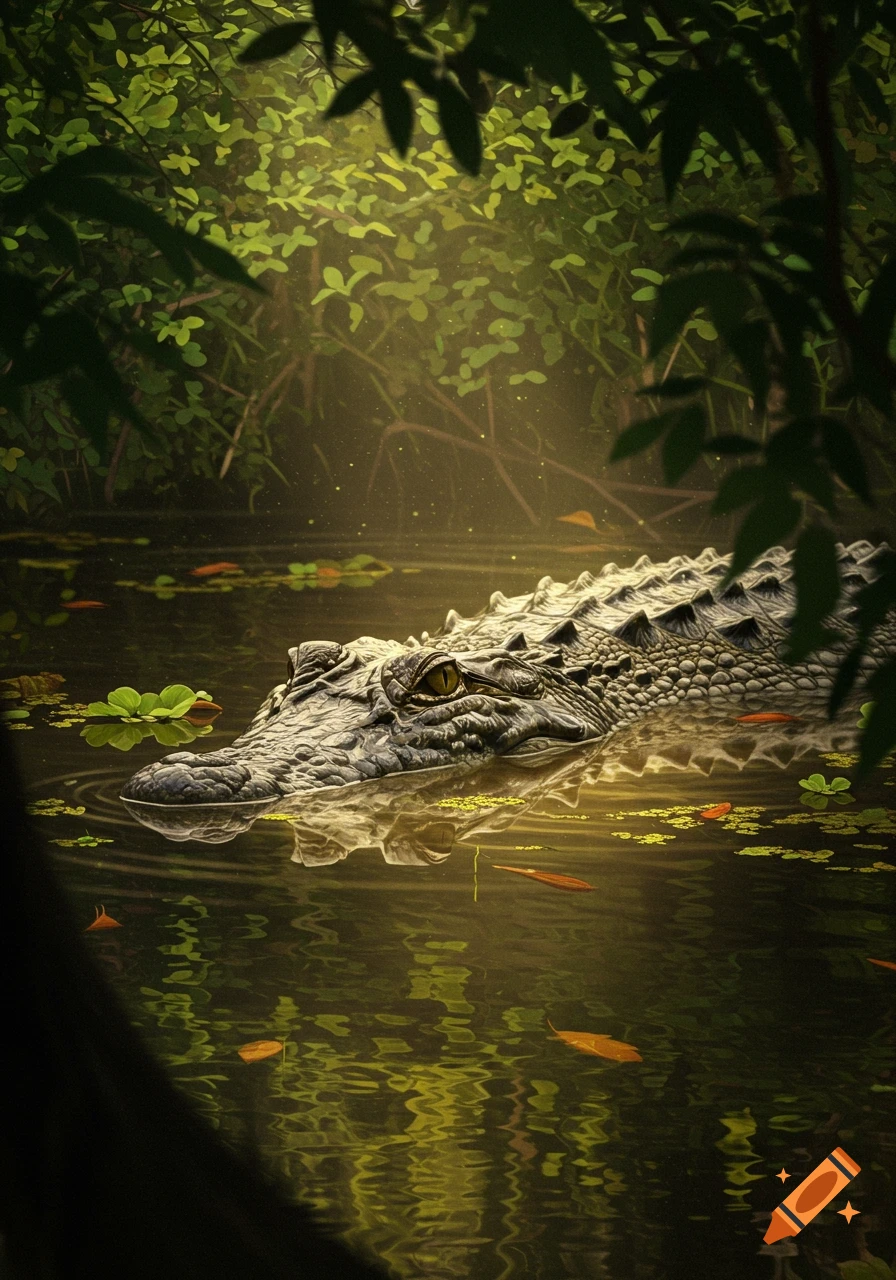 A photorealistic crocodile is partially submerged in clear turquoise ...