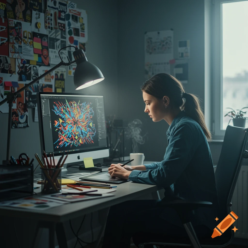 A graphic designer works on a digital tablet at a desk with a computer ...