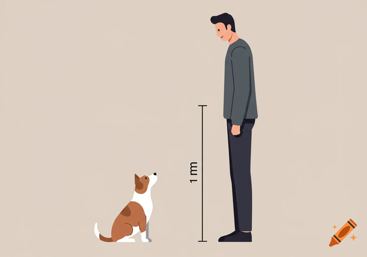 A man stands facing a small dog sitting, with a 1m measurement marker ...