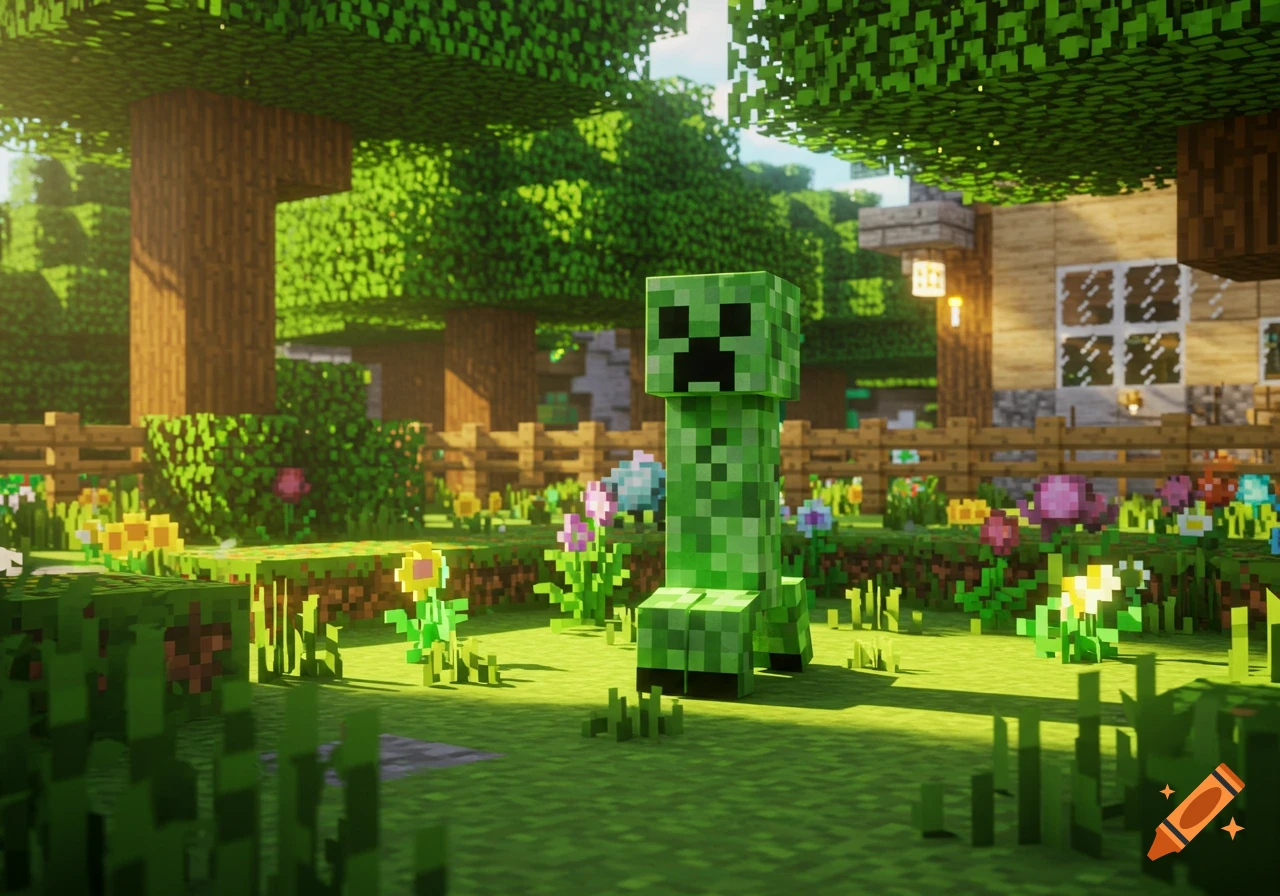 A blocky green Minecraft Creeper stands in a sunlit forest made of ...