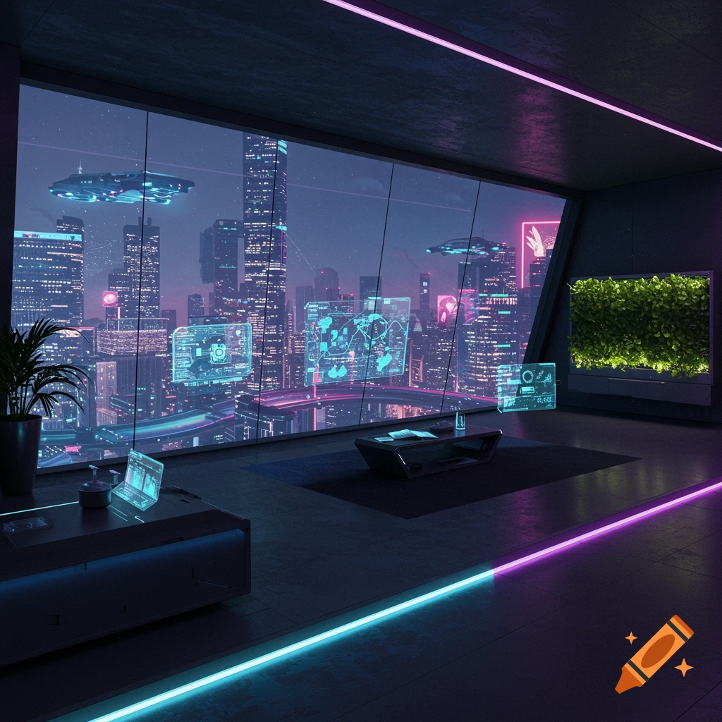 A modern room with large glass windows overlooking a futuristic city ...