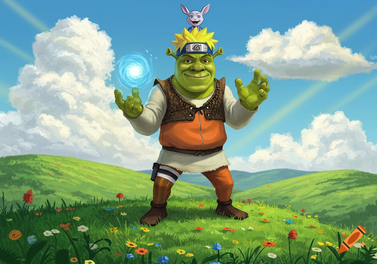 Shrek sits smiling on a rustic toilet, reading a green book titled ...