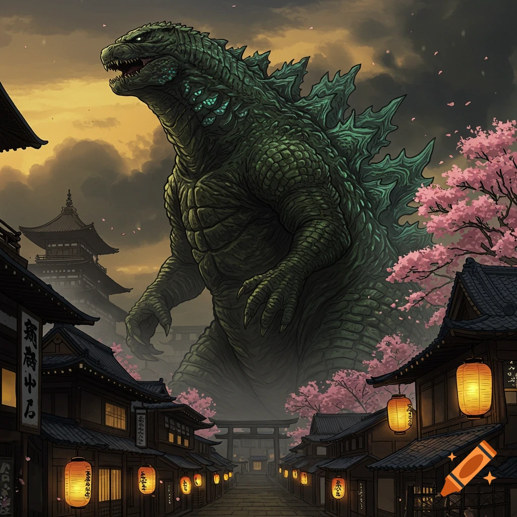 An illustrated Godzilla towers over a traditional Japanese town at dusk ...