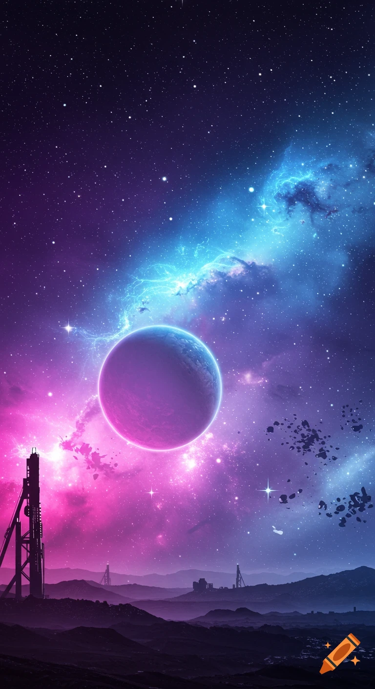 Vibrant alien landscape with a large pink planet, blue and pink nebulas ...