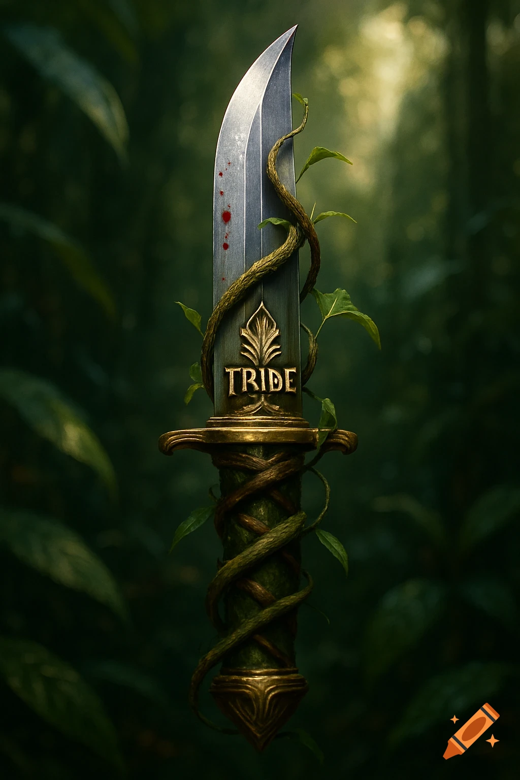 A sharp dagger with green jungle vines wrapped around its hilt and ...