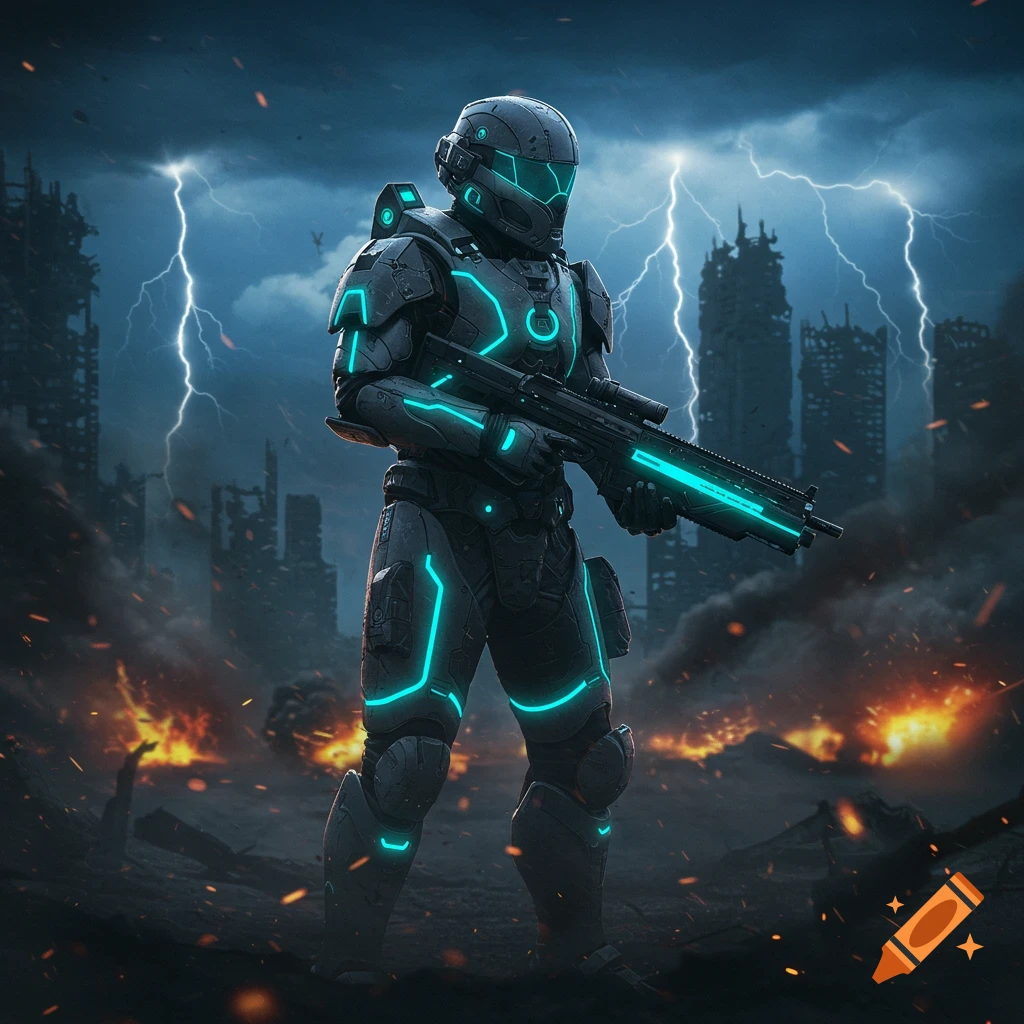 A futuristic combat soldier in glowing armor holds a rifle in a ruined ...