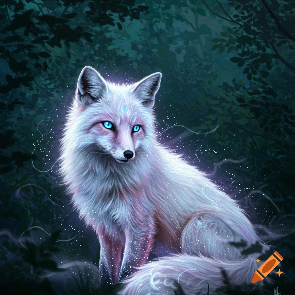 A glowing white spirit fox with bright blue eyes sits in a dark ...