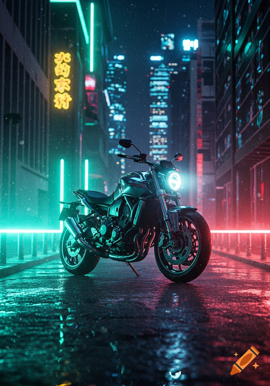 A dark red Honda motorcycle parked on a wet city street at night, with ...