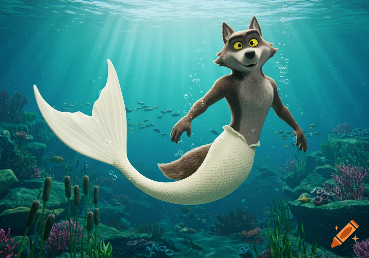 A 3D animated Mr. Wolf with a cream-white mermaid tail swims underwater ...