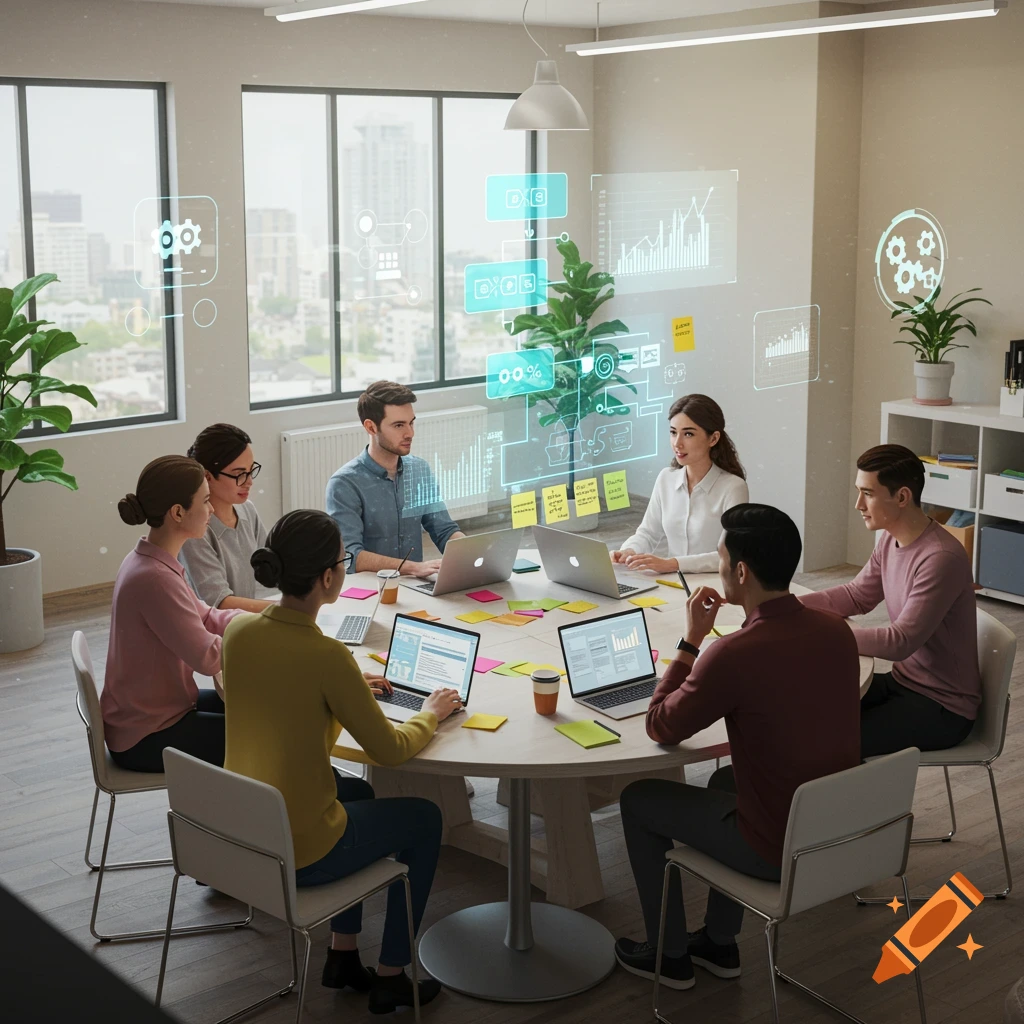 A stylized watercolor drawing of a virtual conference room displayed on ...