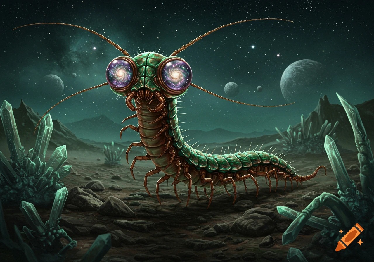 A monstrous green scorpion with glowing red eyes sits in a dark ...