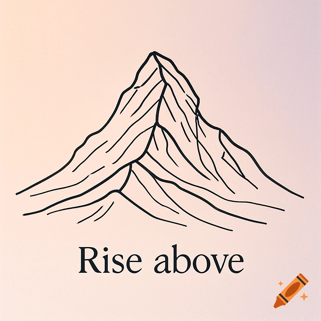 Minimalist line art illustration of a mountain with the text 'Rise ...
