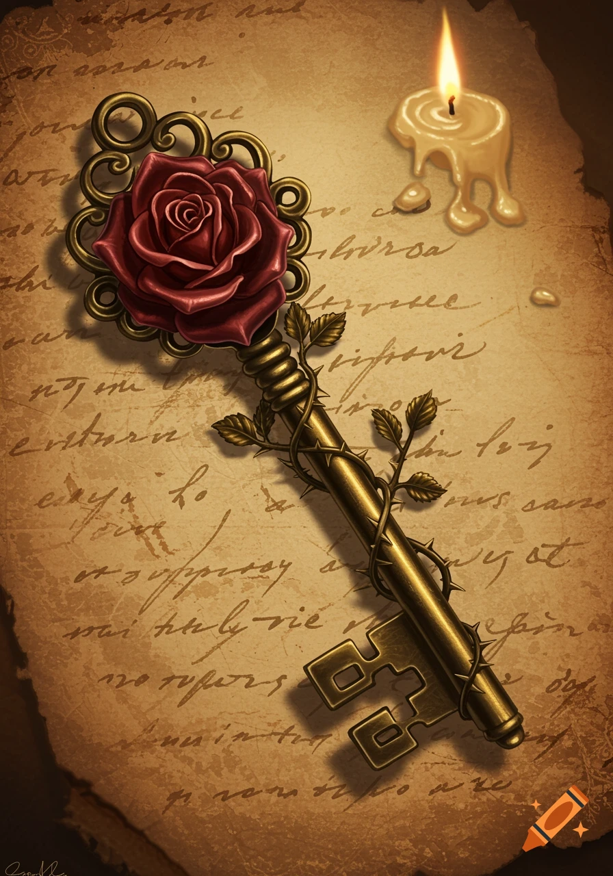 A detailed bronze key with a thorny red rose on its ornate handle, lying on antique parchment ...