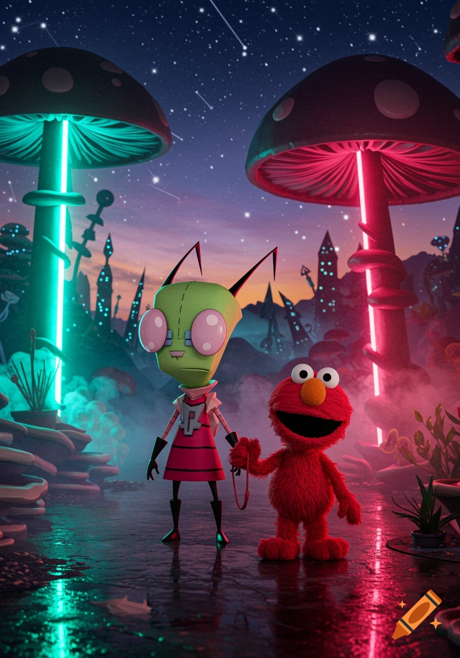 Invader Zim and Elmo stand on a wet, reflective surface in a vibrant, alien landscape with giant ...