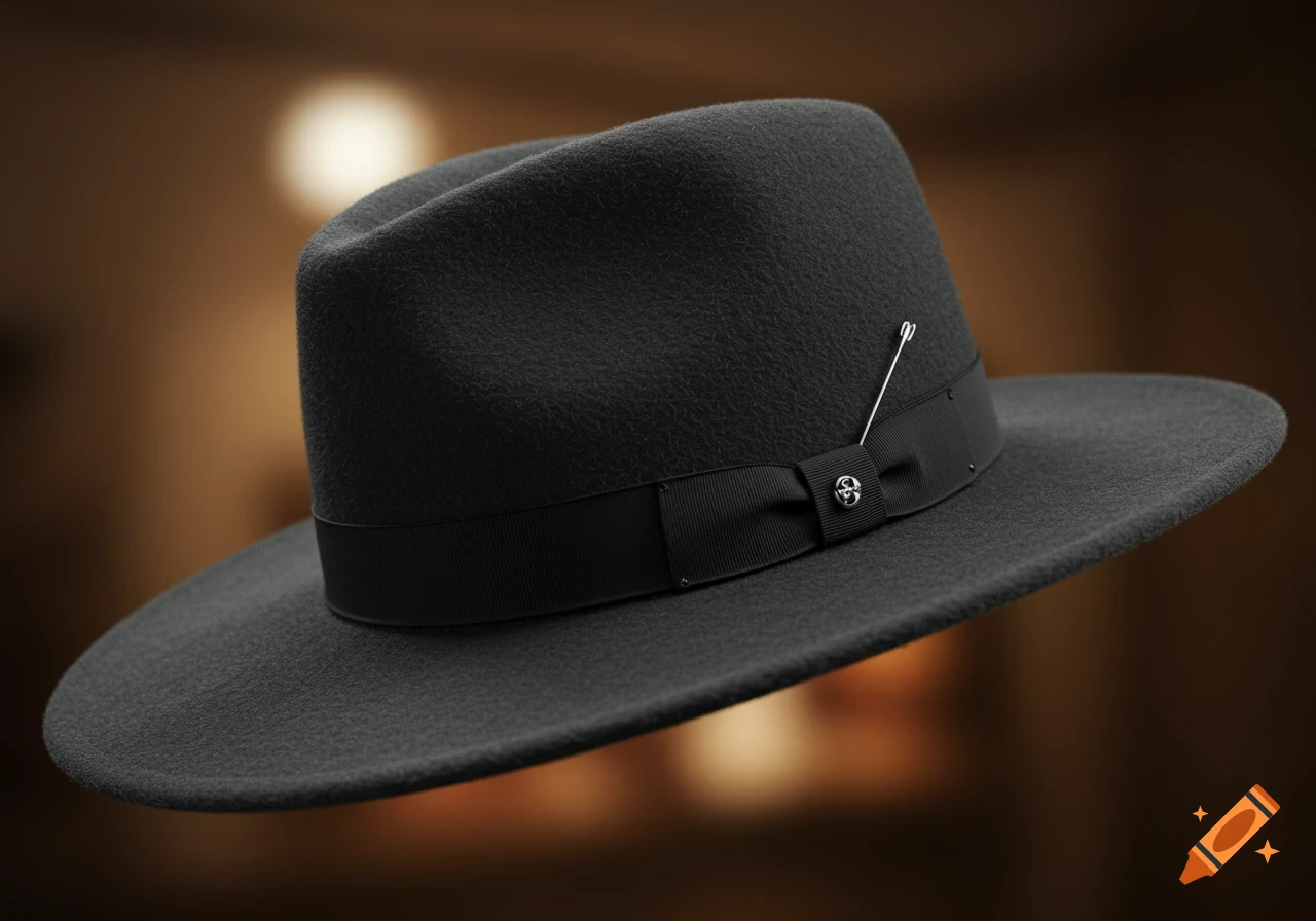 A dark fedora hat with a ribbon band floats against a blurred golden ...