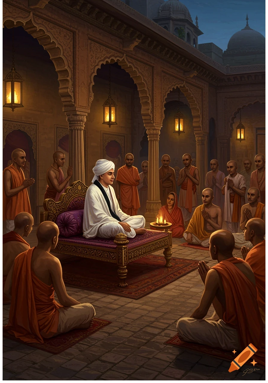 A spiritual leader in white robes sits on an ornate cot, surrounded by ...