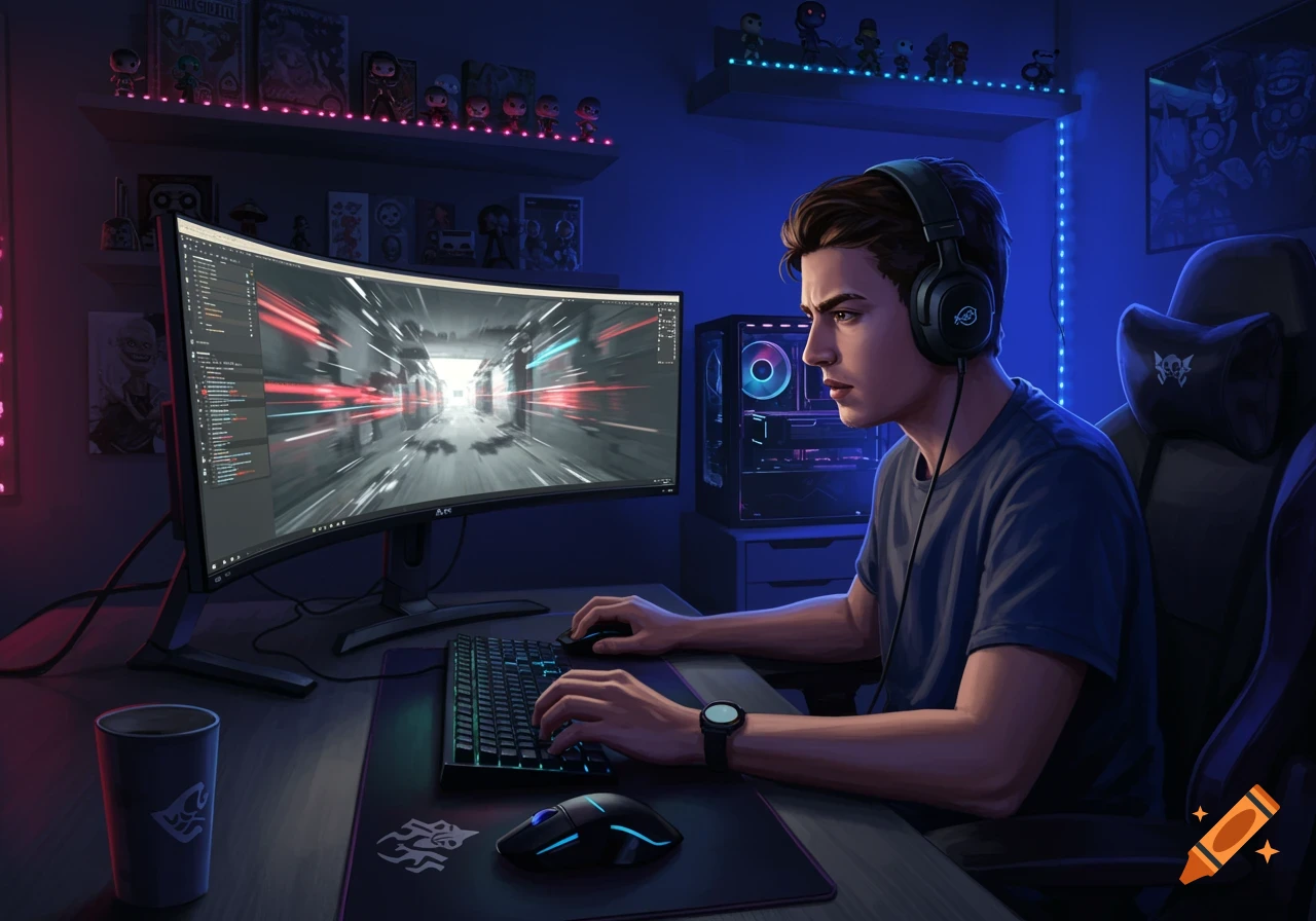 A sad Roblox character with headphones sits at a glowing computer setup ...