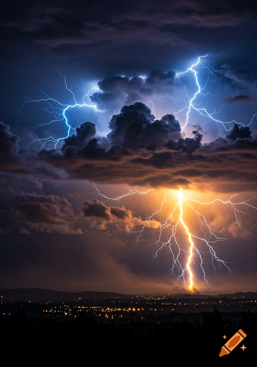Dramatic bolts of blue and orange lightning illuminate dark storm ...