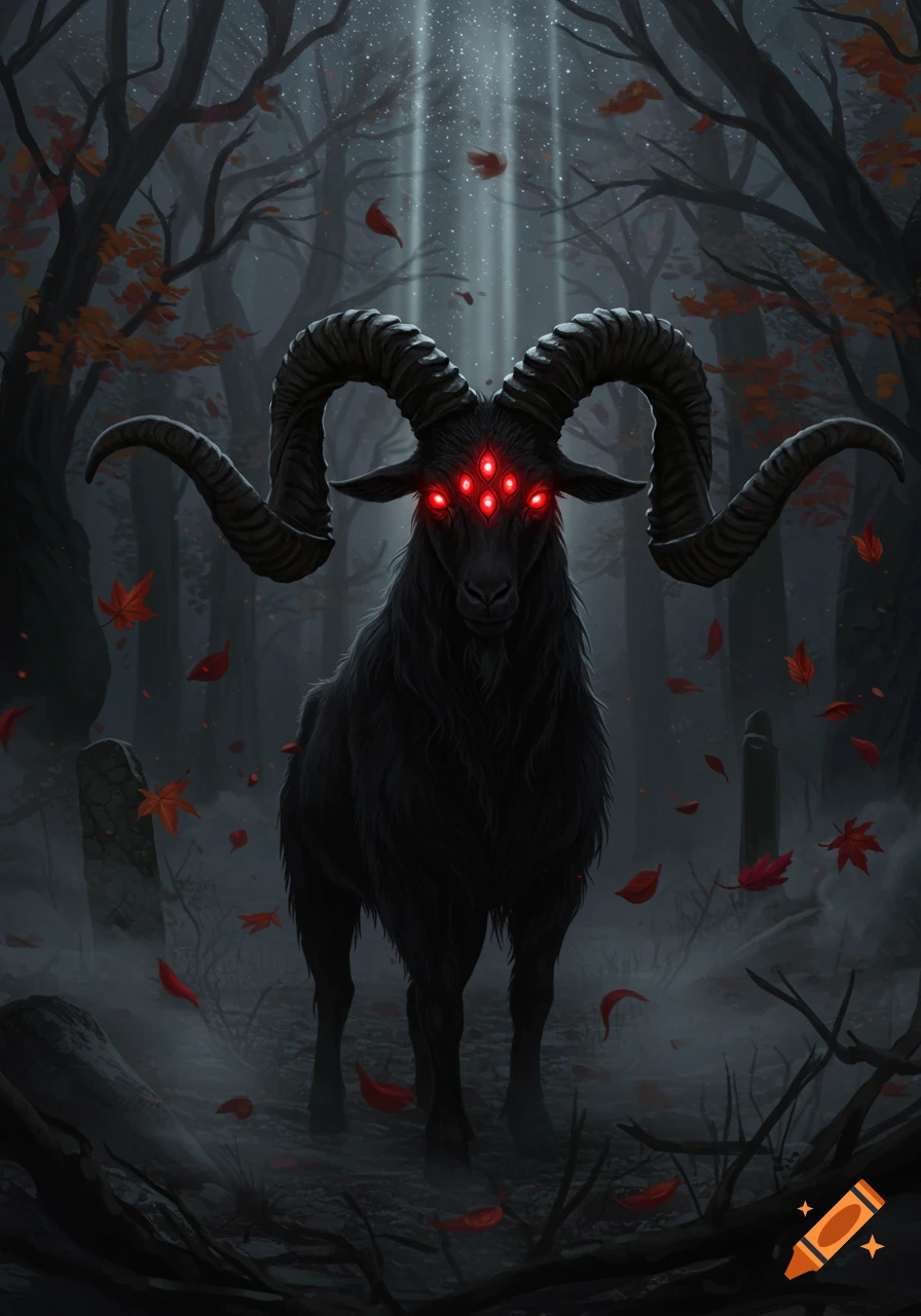 A mystical black goat with three glowing red eyes and large horns ...