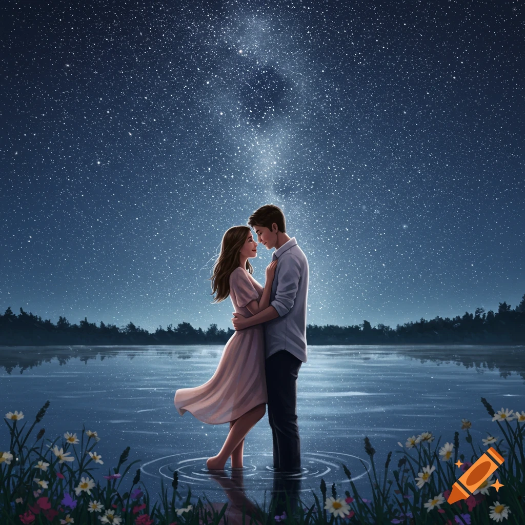 An illustrated image of a couple embracing in a lake under a starry ...