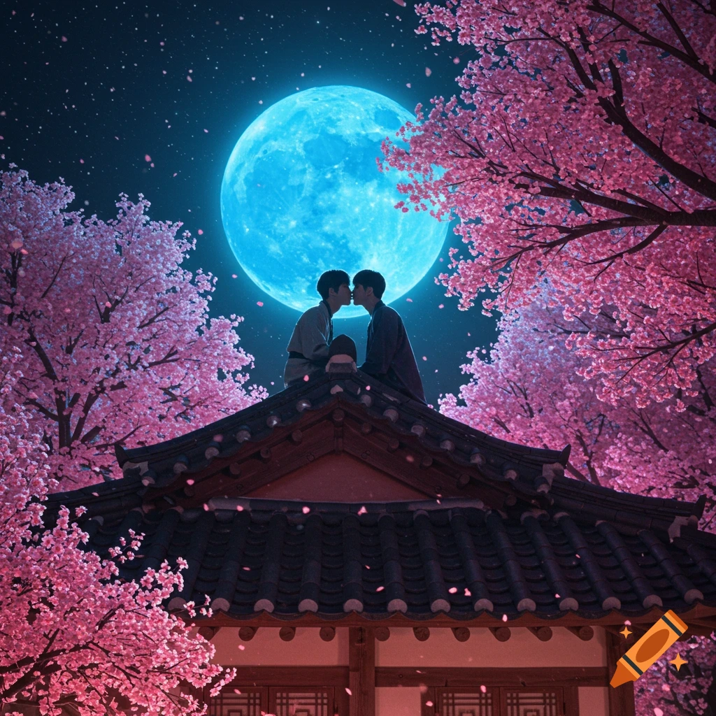 Two men kissing on a traditional Korean rooftop surrounded by pink ...