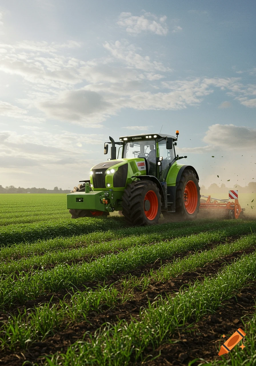 A green Claas Axion tractor pulling an implement through a field of ...