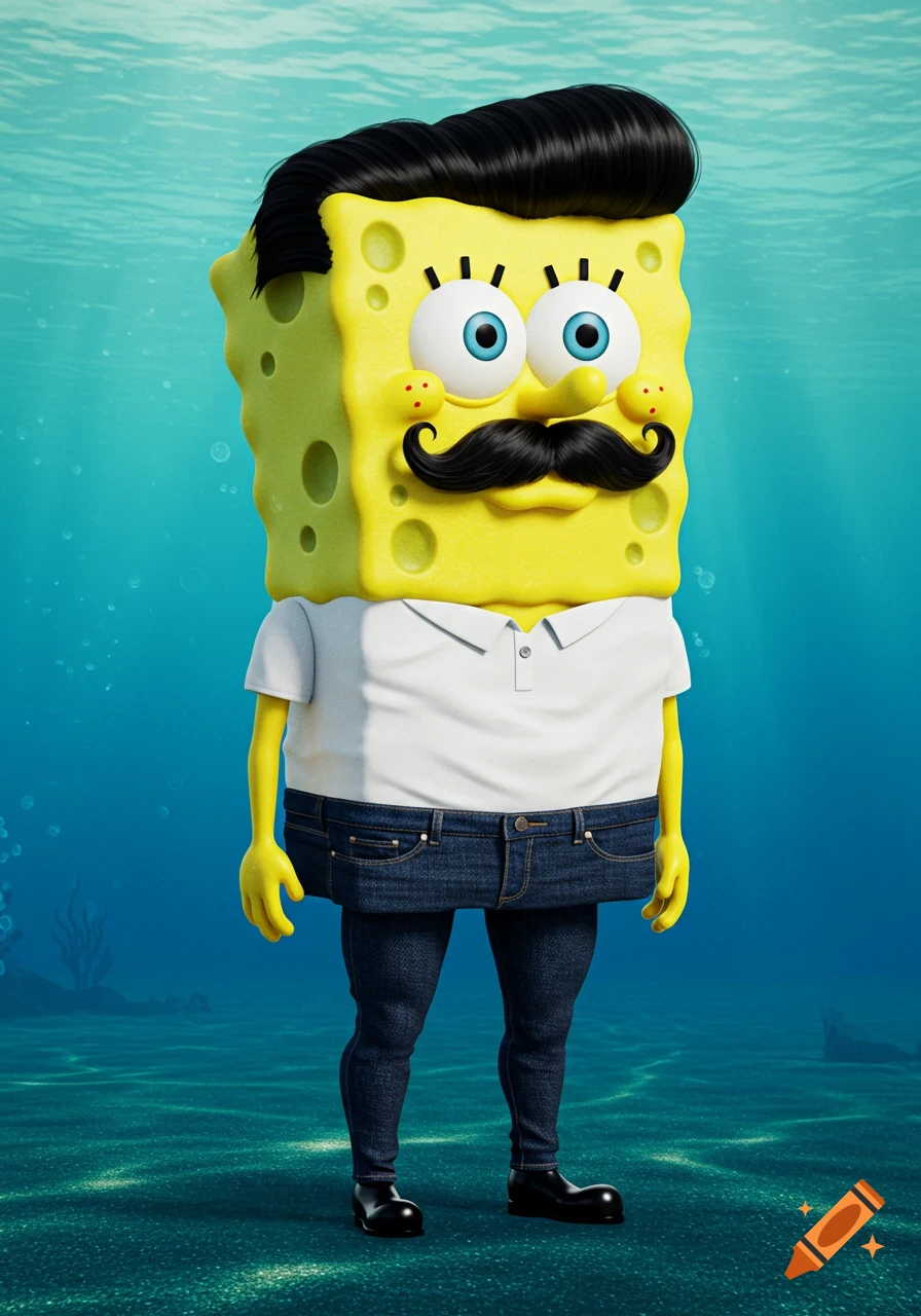 Photorealistic 3D render of a rugged, dirty SpongeBob SquarePants with ...