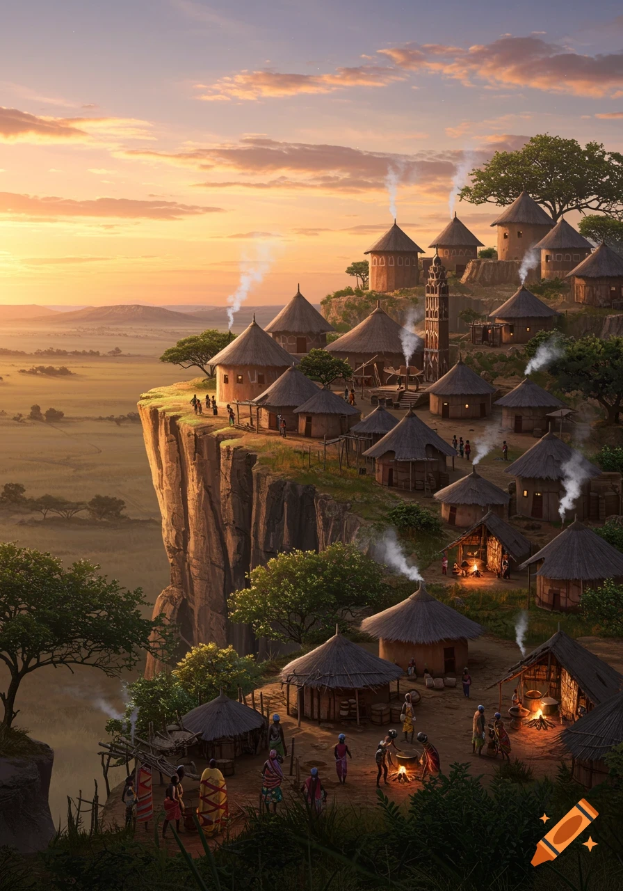 Photorealistic African village with round, thatched huts on a steep ...