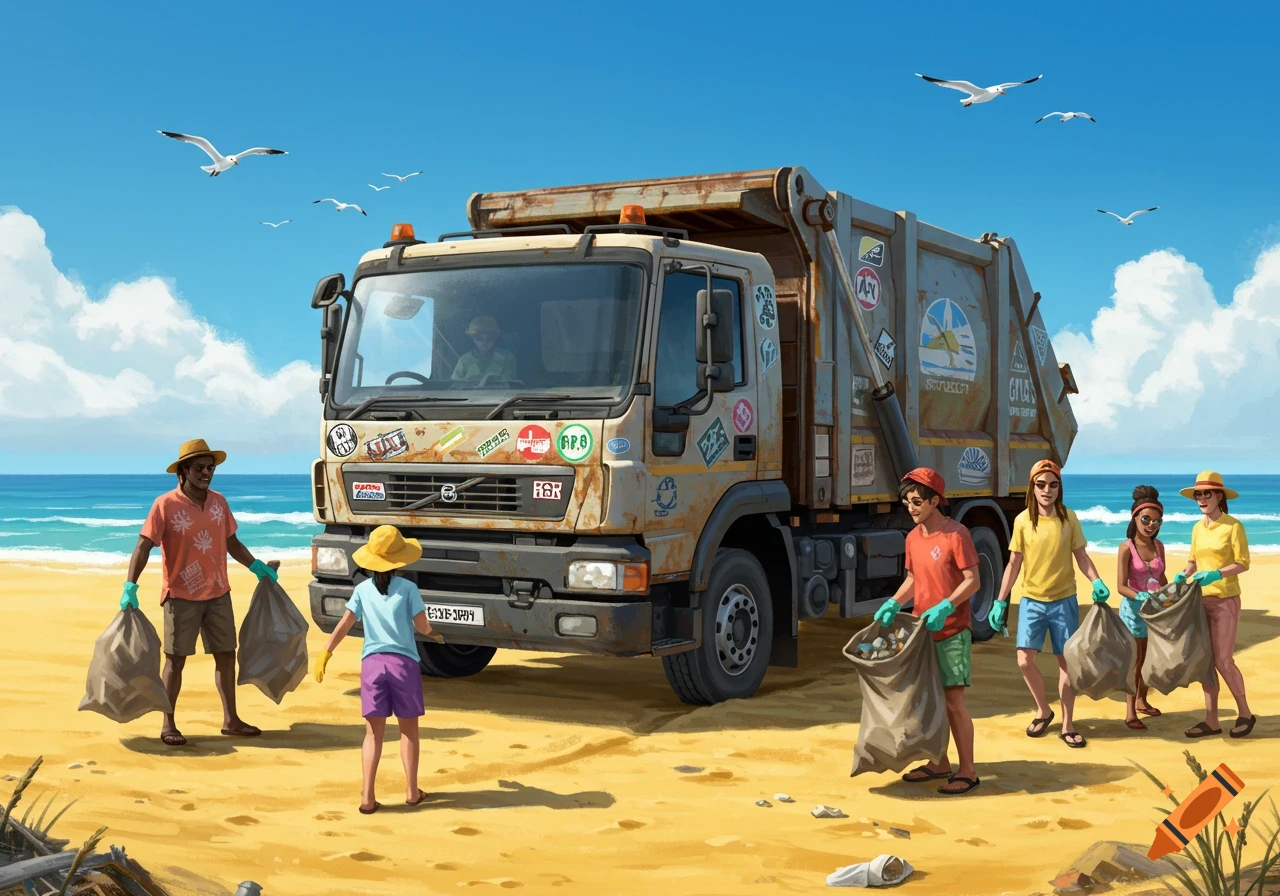 An illustrative image of a group of diverse people cleaning a sunny ...