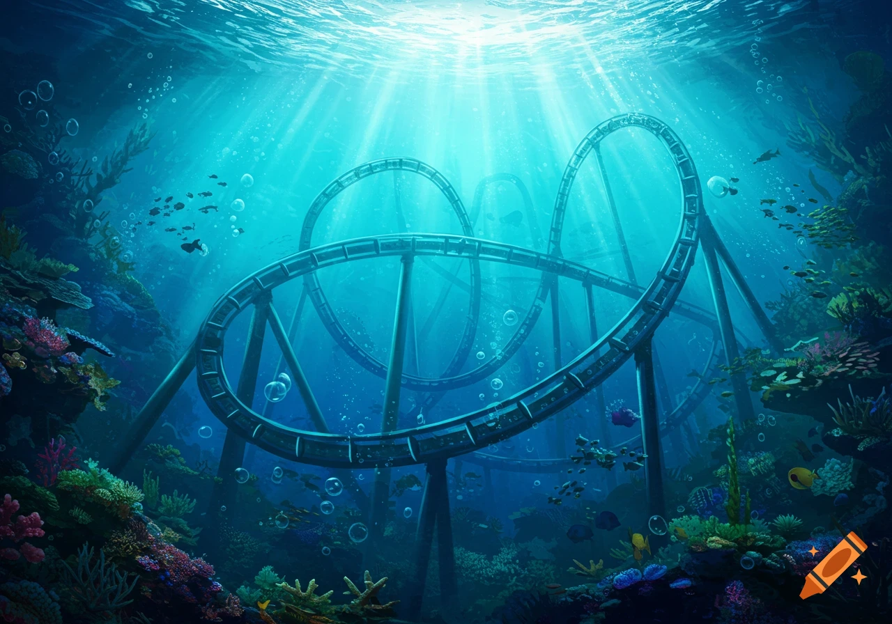 An underwater roller coaster with multiple loops, surrounded by coral ...