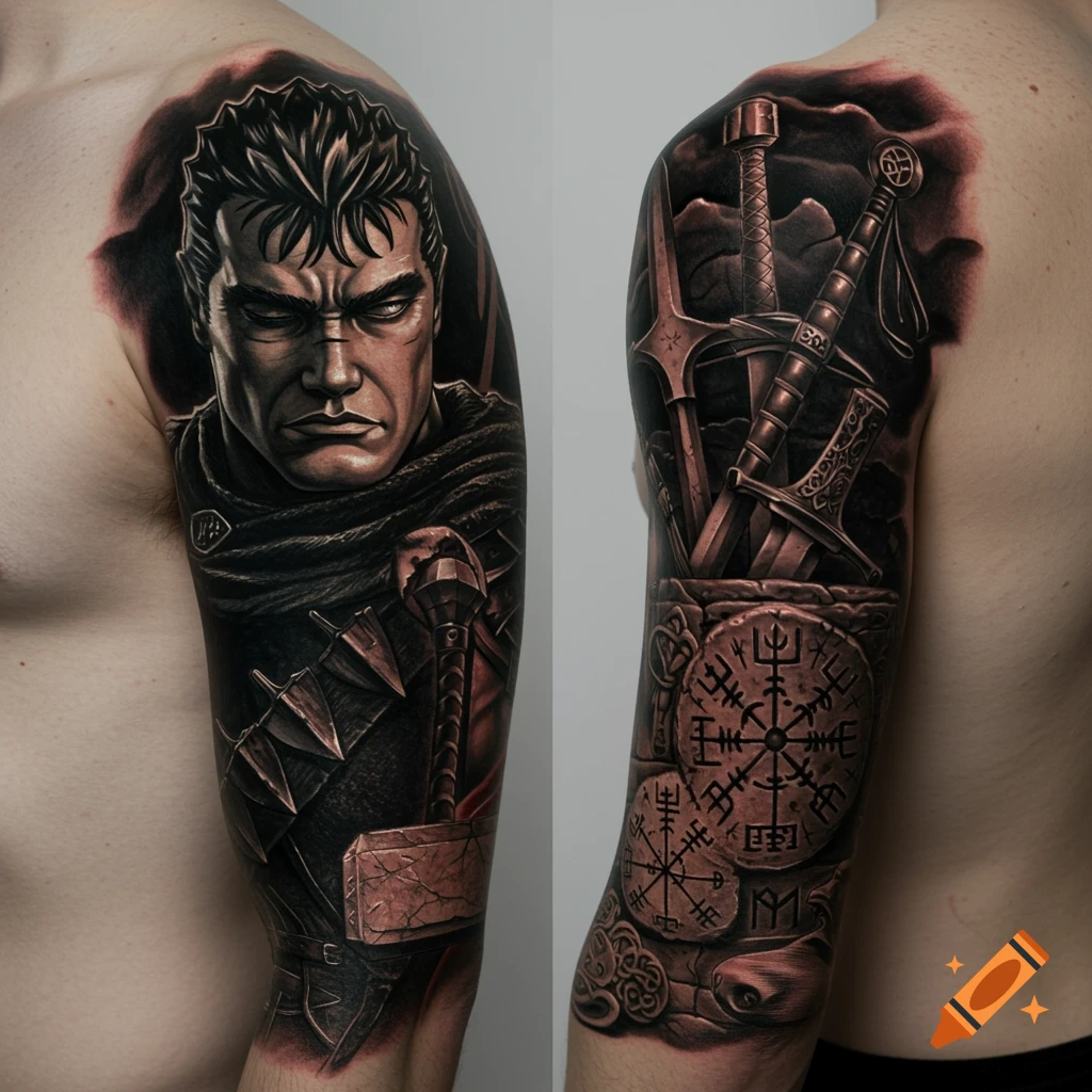 Detailed fantasy-themed tattoo sleeve on an arm, featuring Guts from ...