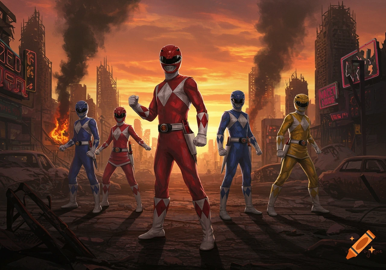 Five Power Rangers in dinosaur-themed suits stand with dinosaurs in a ...