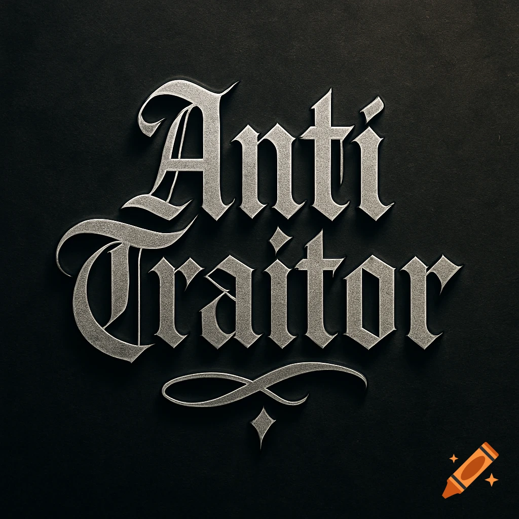 Silver textured gothic text "Anti Traitor" on a dark background. on Craiyon