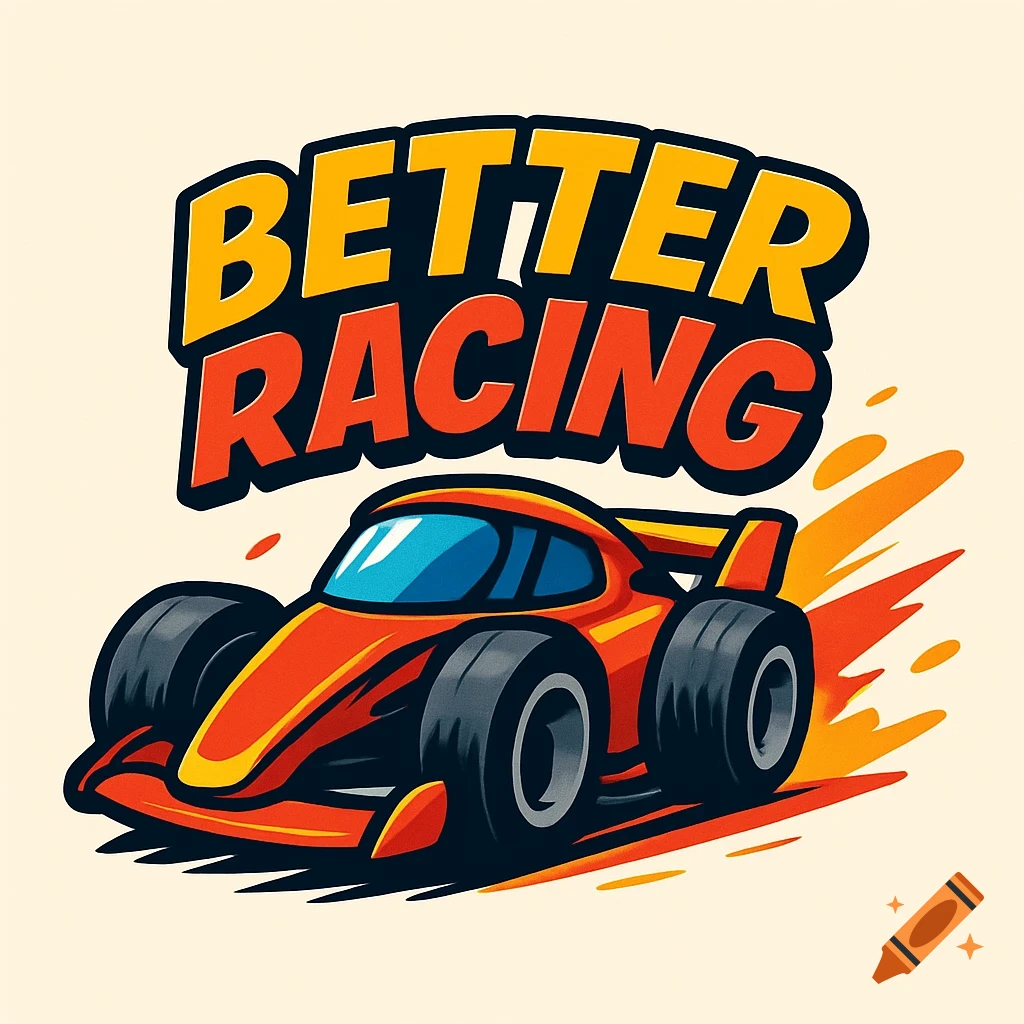 A cartoon logo featuring a red racing car with the text "BETTER RACING" above it. on Craiyon
